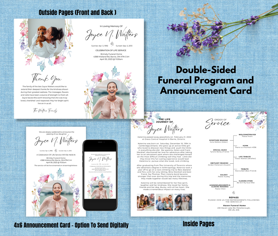 Wild Flowers Bi-Fold, Double-Sided Funeral Program and Death Announcem ...